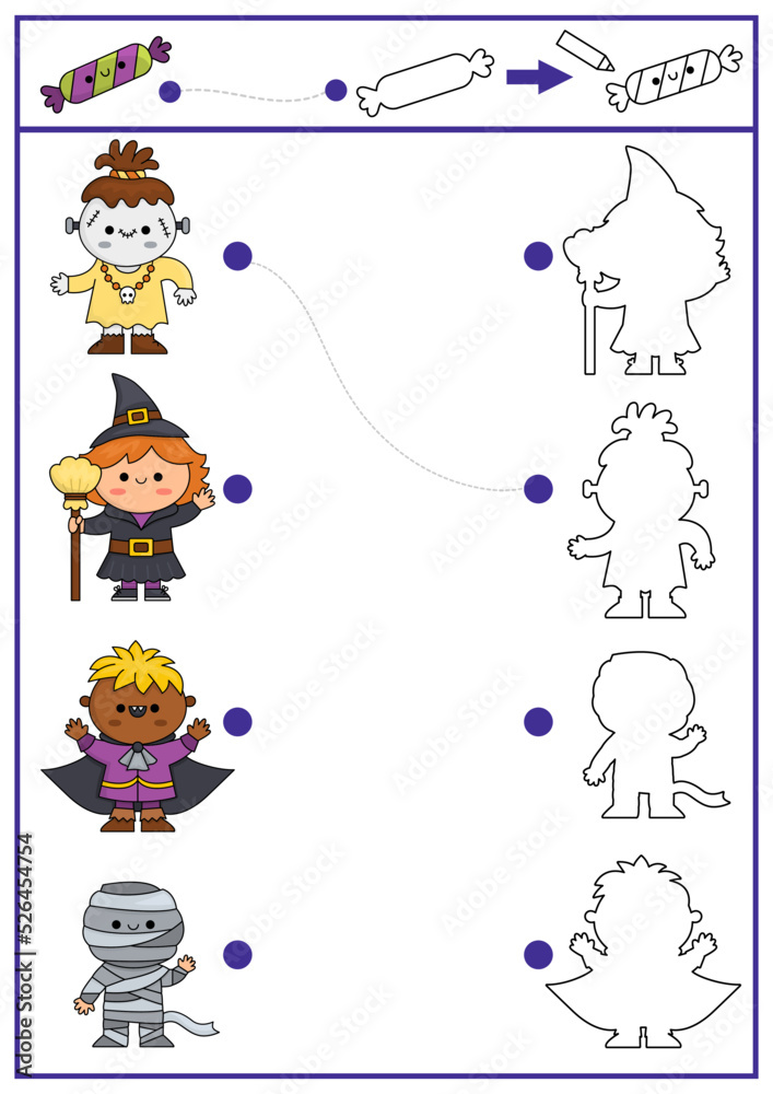 Halloween shape matching, coloring and drawing activity. Autumn holiday ...