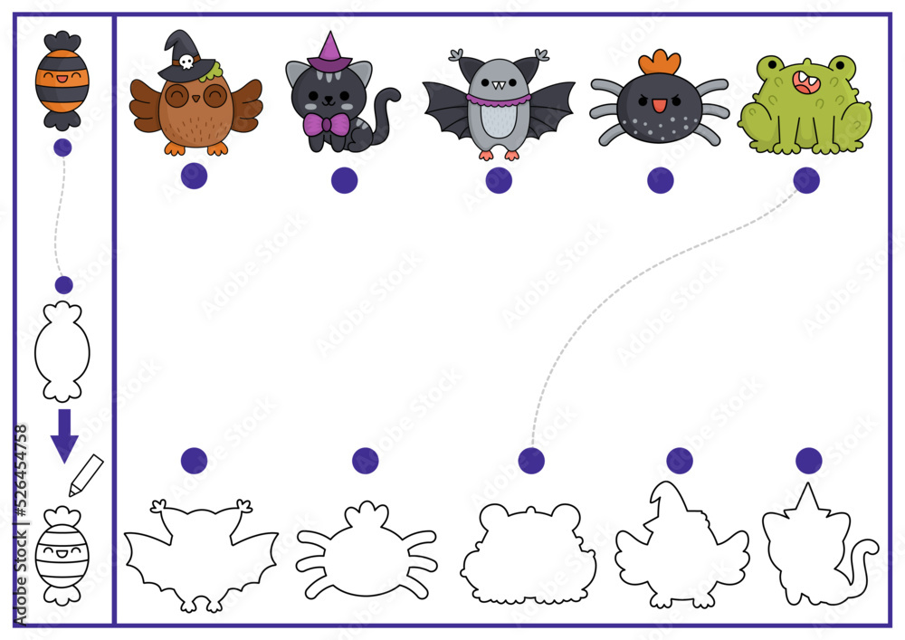 Halloween shape matching, coloring and drawing activity. Autumn holiday ...