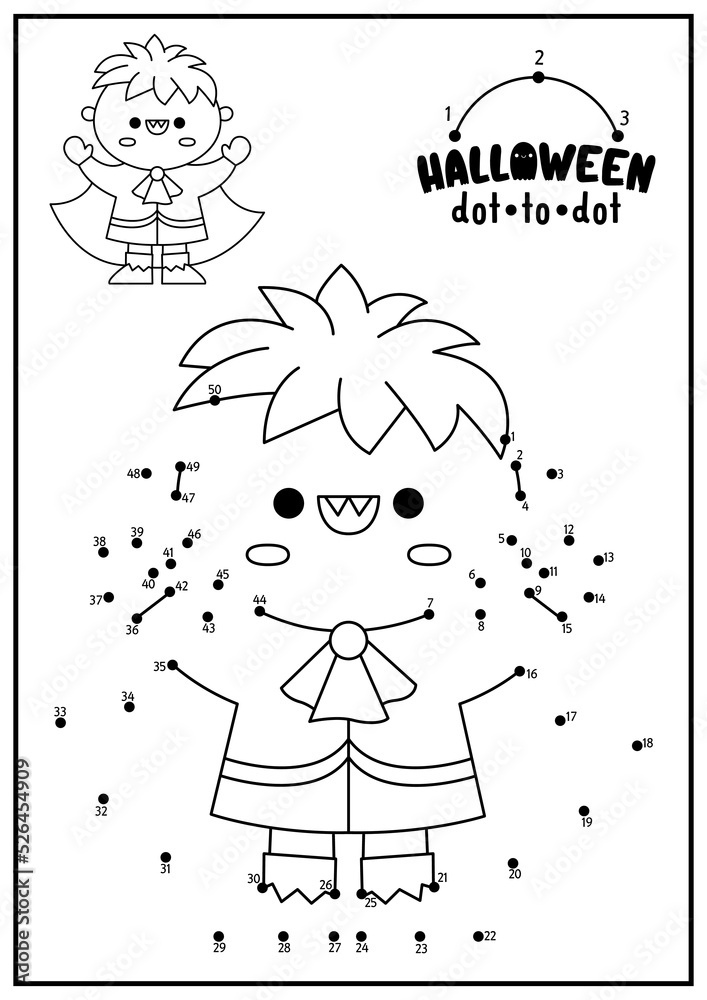 Vector Halloween dot-to-dot and color activity with cute kawaii vampire ...