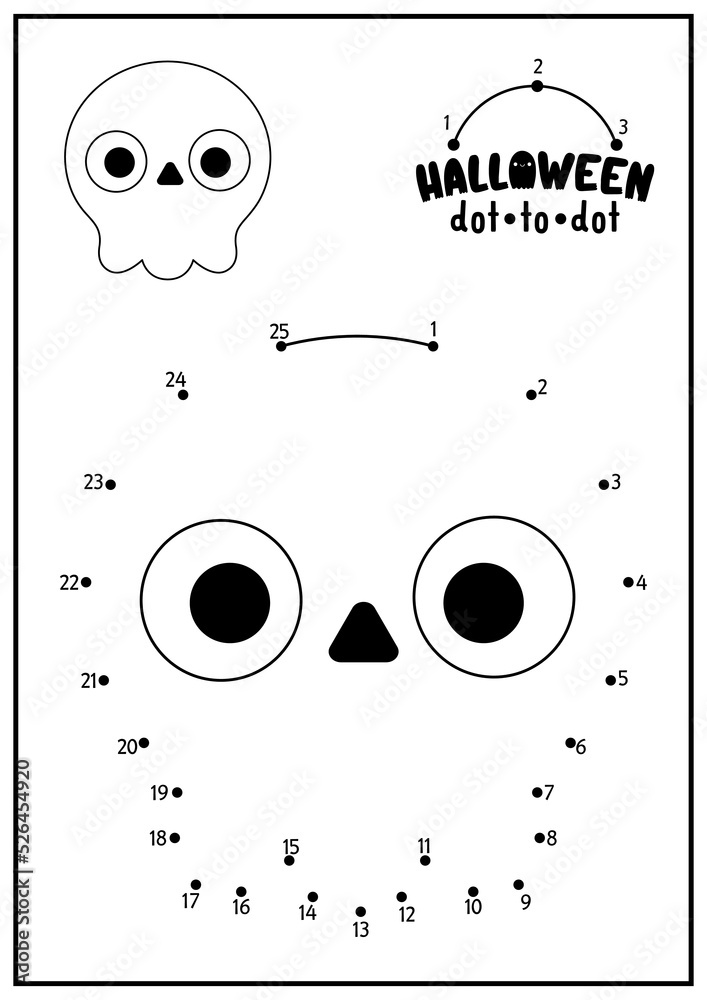 Vector Halloween dot-to-dot and color activity with cute kawaii skull ...