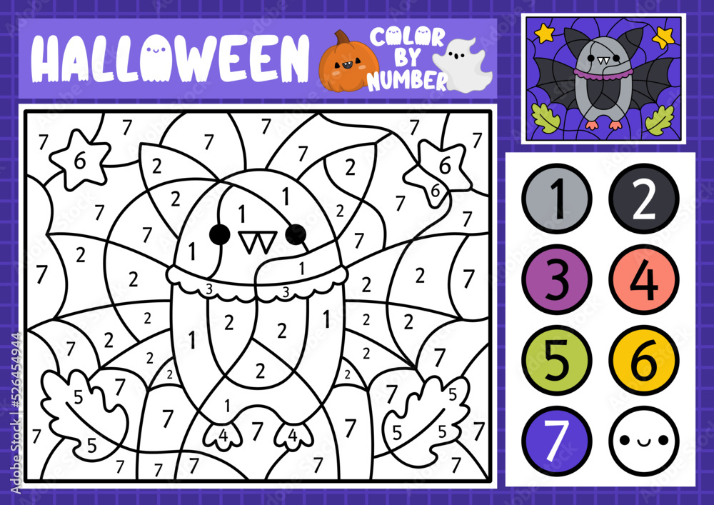 Vector Halloween color by number activity with cute kawaii bat. Autumn ...