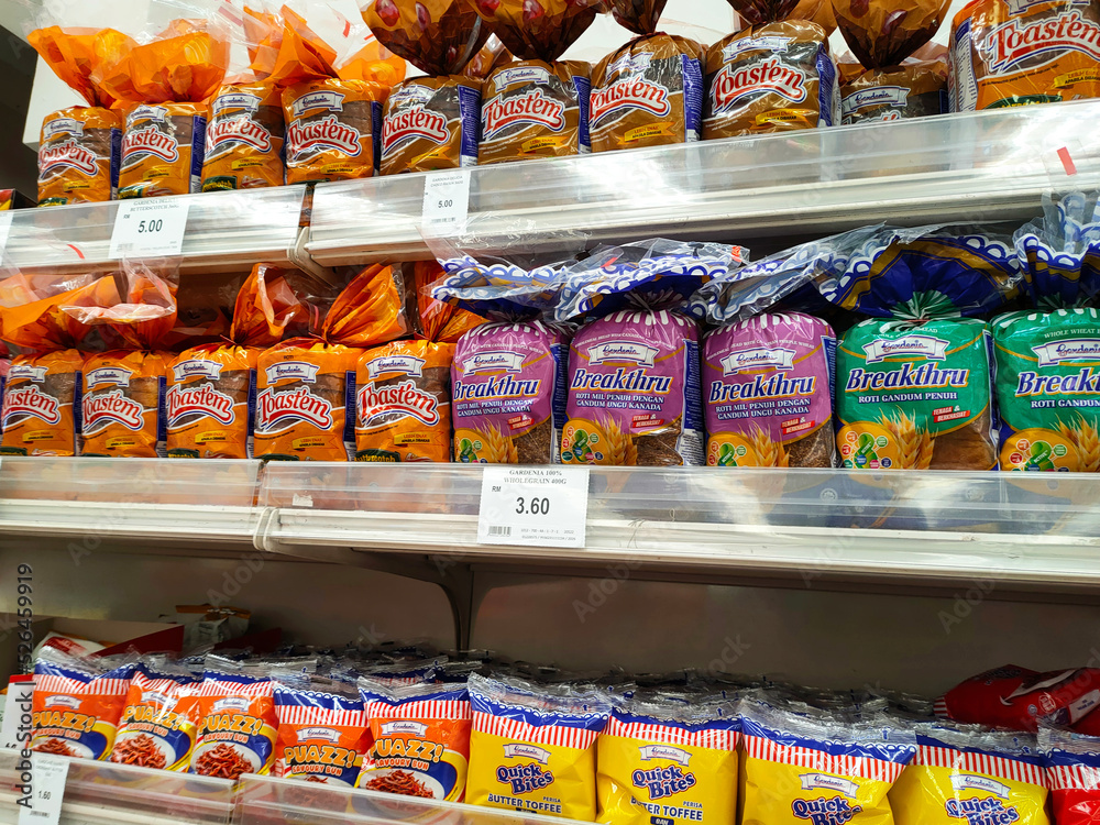 SEREMBAN, MALAYSIA -APRIL 28, 2020: Various types of bread in ...