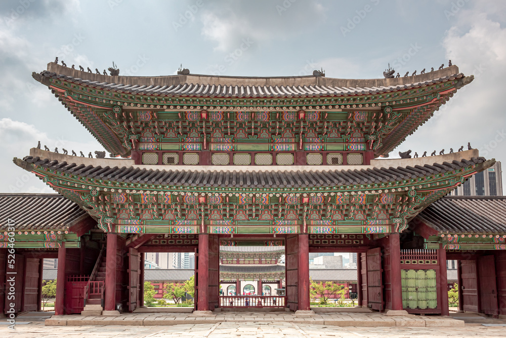 Colorful traditional wood Korean architecture temple gate main entrance ...