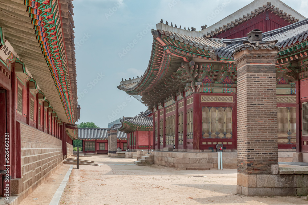 Colorful traditional wood Korean architecture temple building complex ...