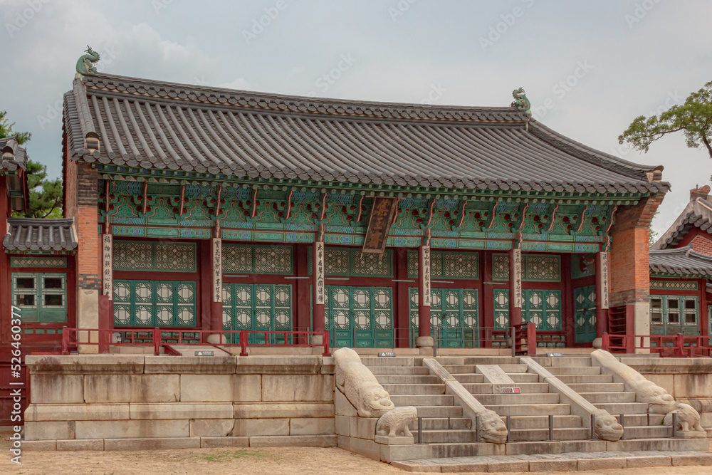 Colorful traditional wood Korean architecture temple building complex ...