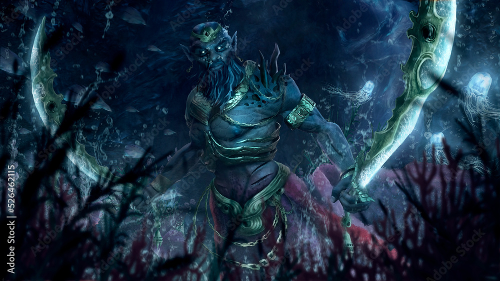 A sea king Triton with black beard in Arabic style in golden armor and ...