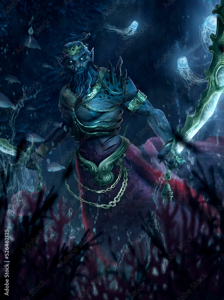 A merman with a black beard and glowing swords in golden armor and ...