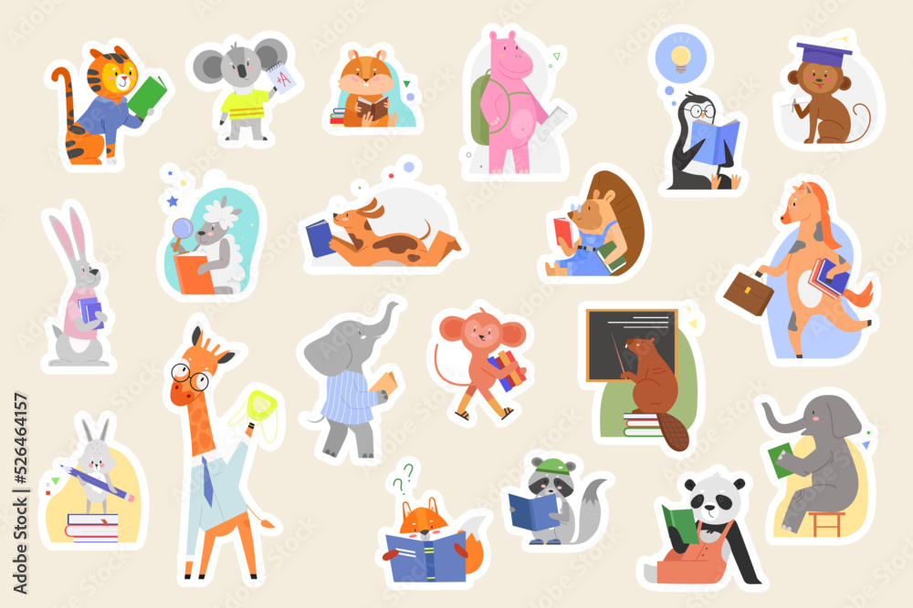 School students animals, cute toy stickers for kids set vector ...