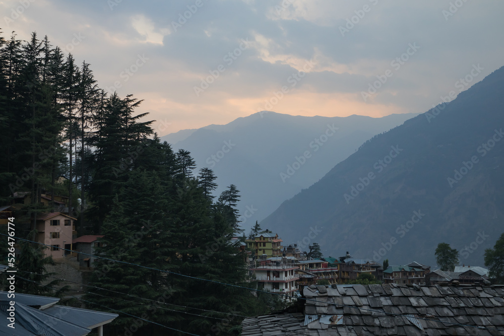 top view of naggar village and kullu valley. scatterred houses ...