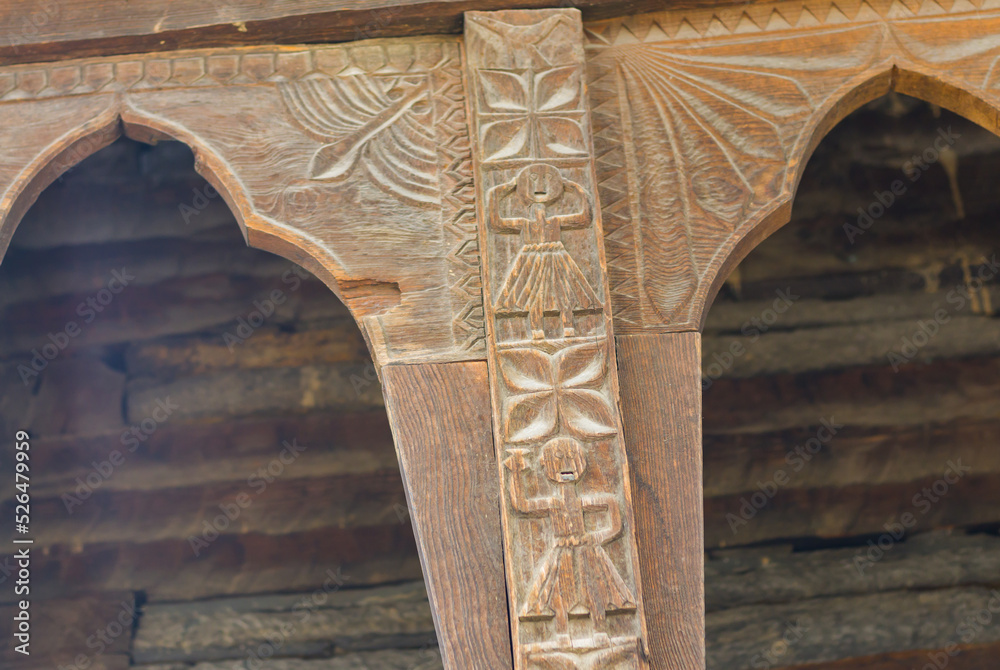 wood carvings of traditional himachali indian ancient temple symbolic ...