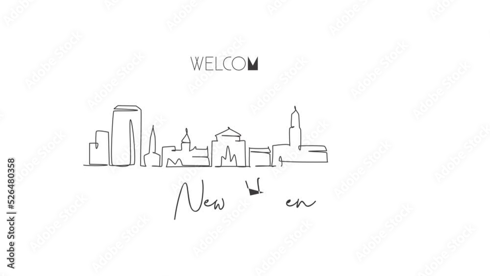 Self drawing animation of one single line draw New Haven city skyline ...