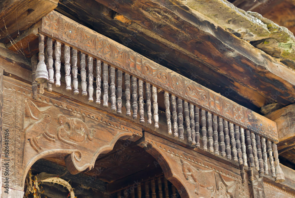 wood carvings of traditional himachali indian ancient temple symbolic ...