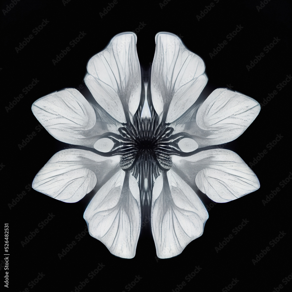 Abstract illustration of a flower in x-ray style, isolated on black ...