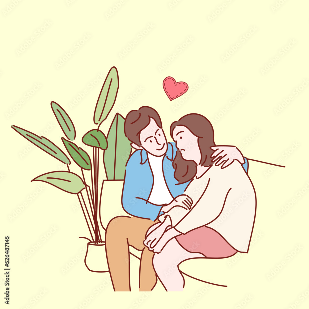 Problems in concept. Young woman depressed couple sitting. Hand drawn ...