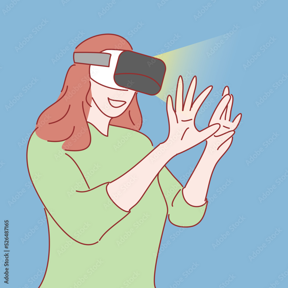 Technology concept. Young happy smiling excited woman cartoon character ...