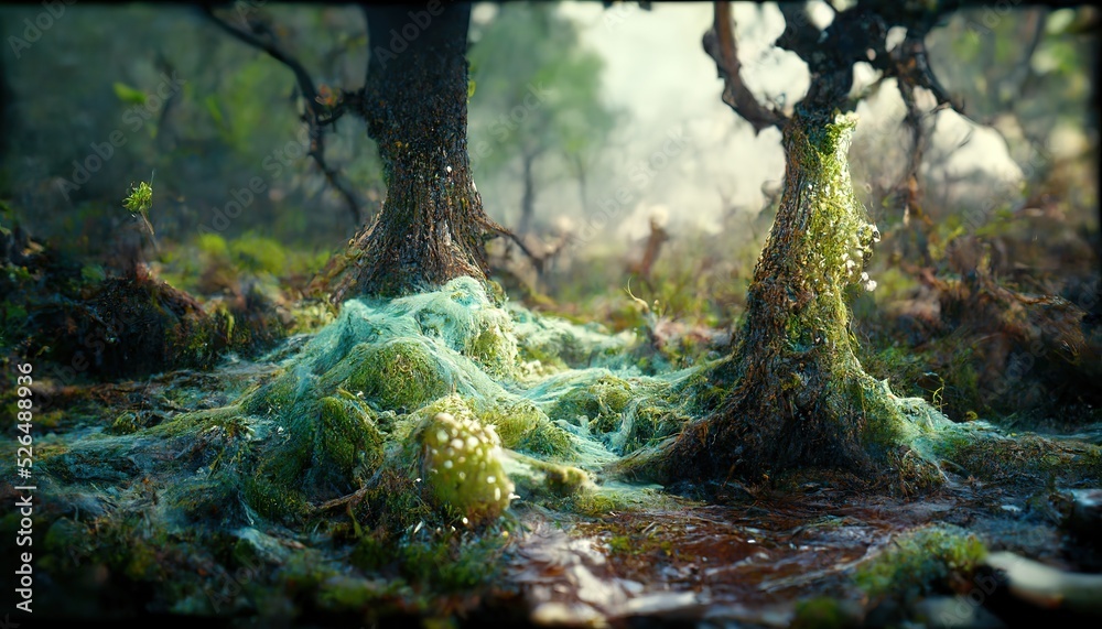 A mysterious forest with trees that are all covered in green slime ...