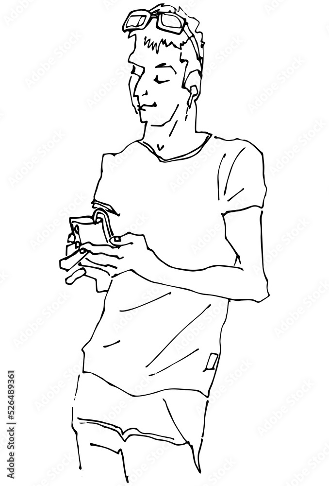 Flat Illustration Young Guy Line Drawing with Phone in Hands. One Line ...