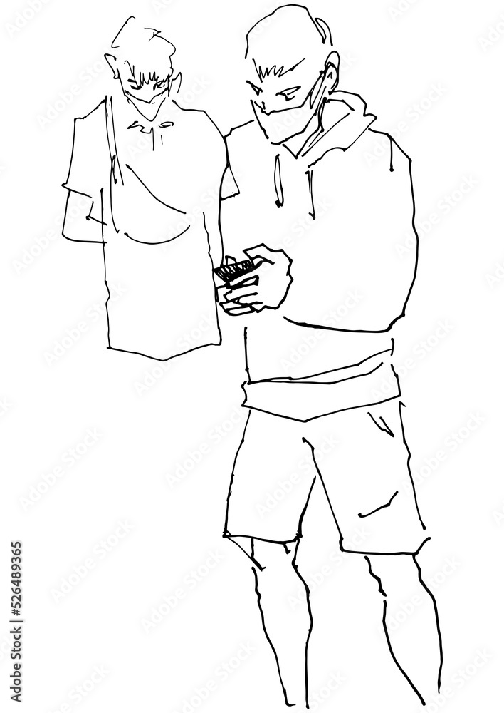 Flat Illustration Young Guy Line Drawing with Phone in Hands. One Line ...