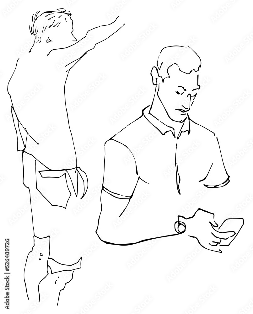 Flat Illustration Young Guy Line Drawing with Phone in Hands. One Line ...