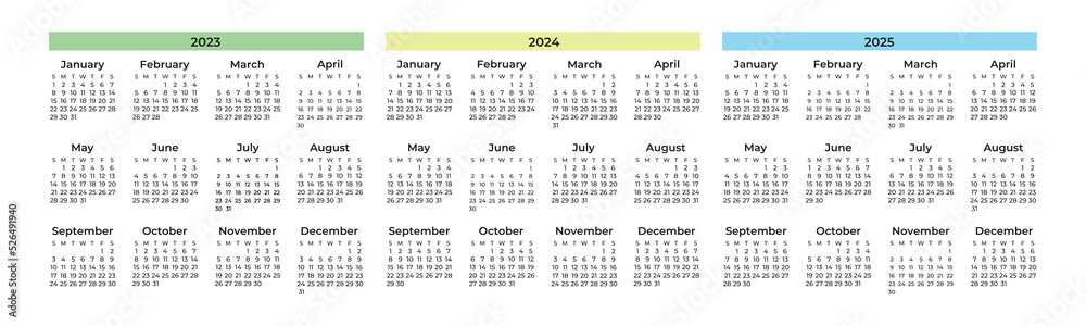 calendar 2023, 2024, 2025 with numbers. vector calendar for 2023, 2024 ...