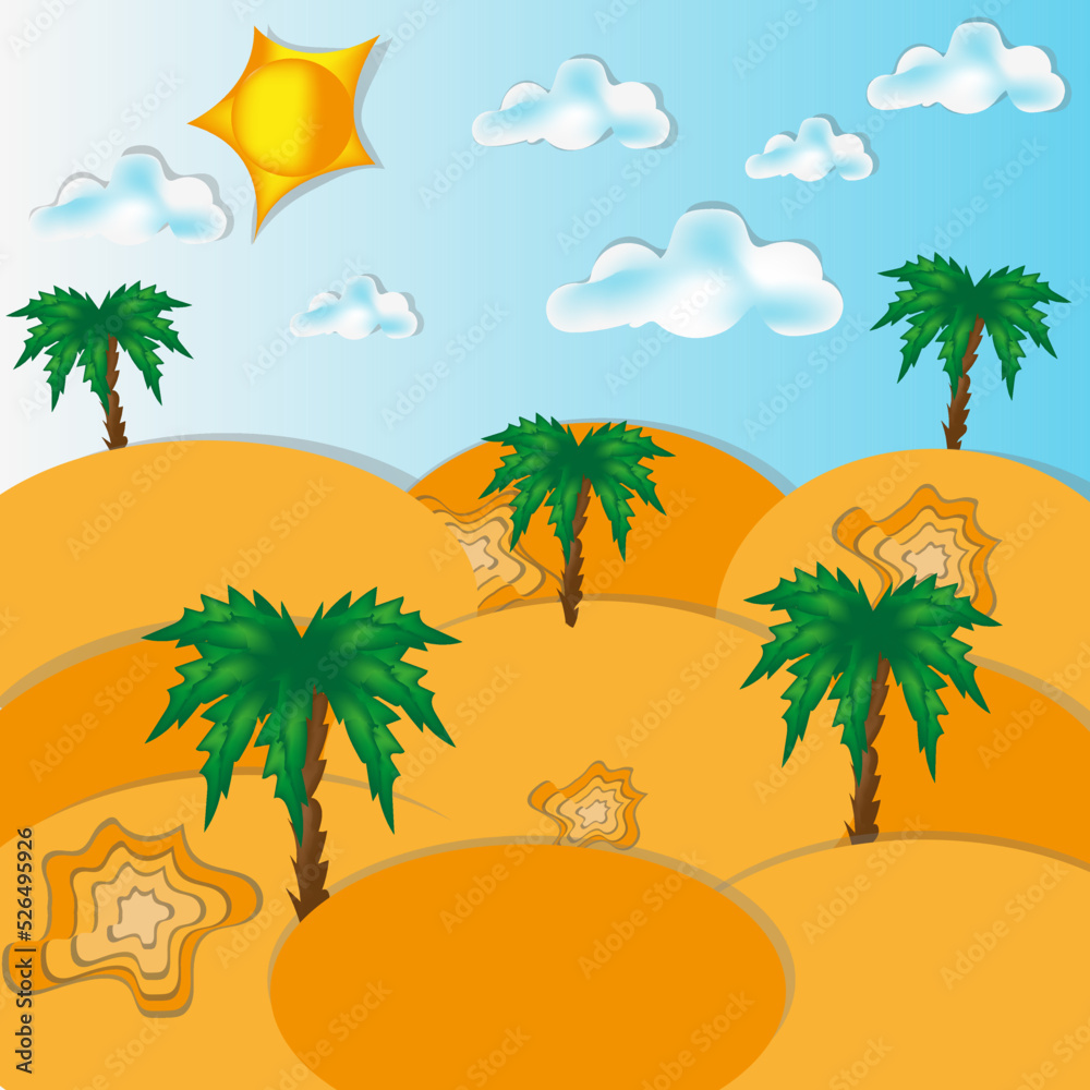 Vecteur Stock Desert landscape with palms tree, dunes, quicksand ...
