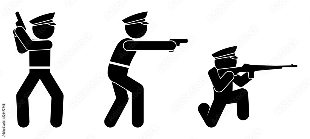 policemen with guns icon, stick figure man aiming, police illustration ...