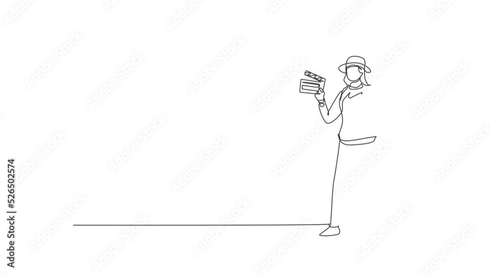 Self drawing animation of single line draw young female film director ...