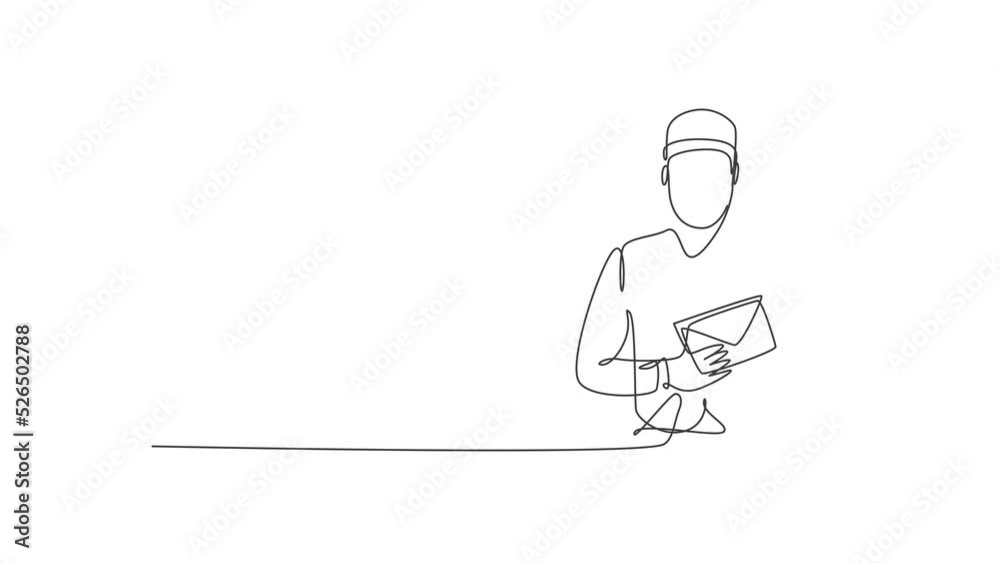 Self drawing animation of single one line draw postman wearing a hat ...