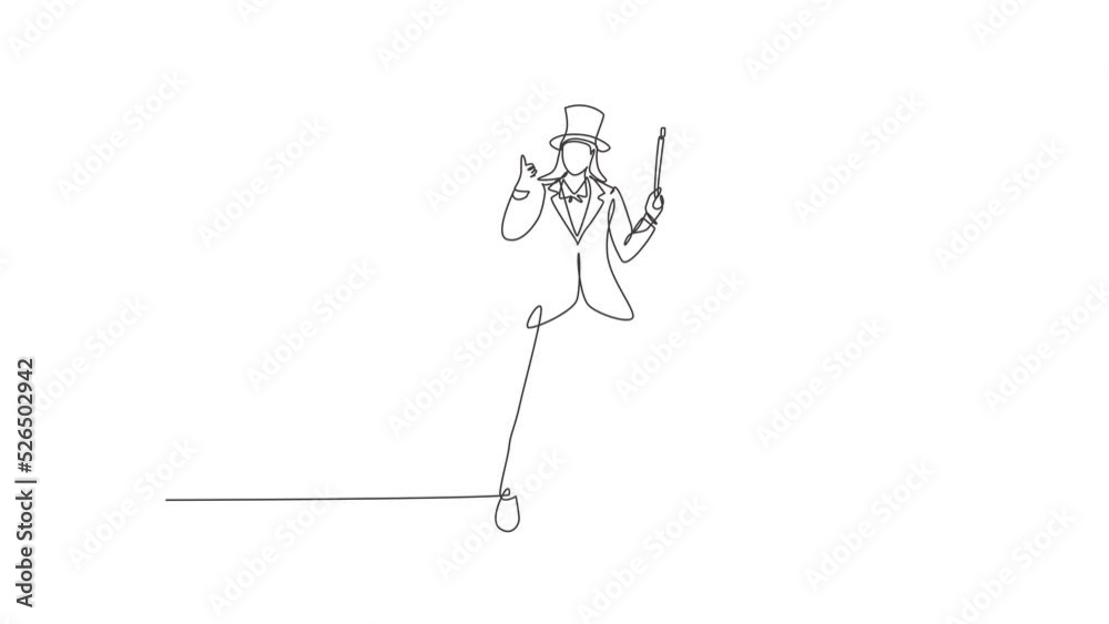 Animated self drawing of continuous line draw female magician stands ...