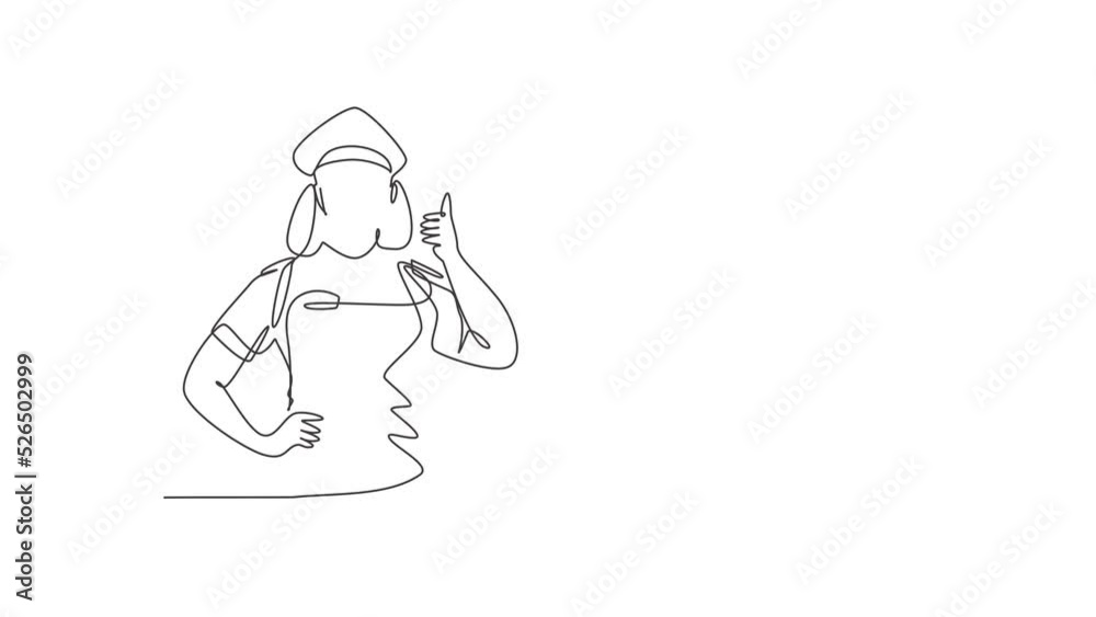 Self drawing animation of single line draw woman pilot with a thumbs-up ...