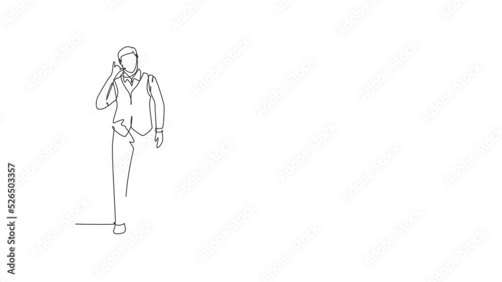 Self drawing animation of single one line draw steward stands in a ...