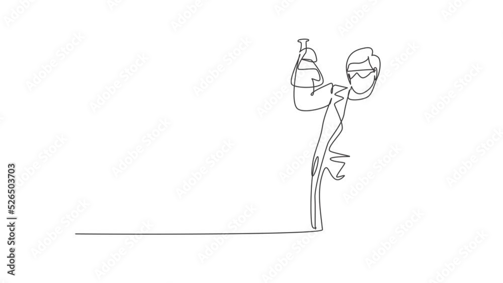 Self drawing animation of single one line draw scientist with celebrate ...