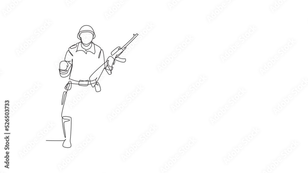 Animated self drawing of continuous line draw soldier stands with ...