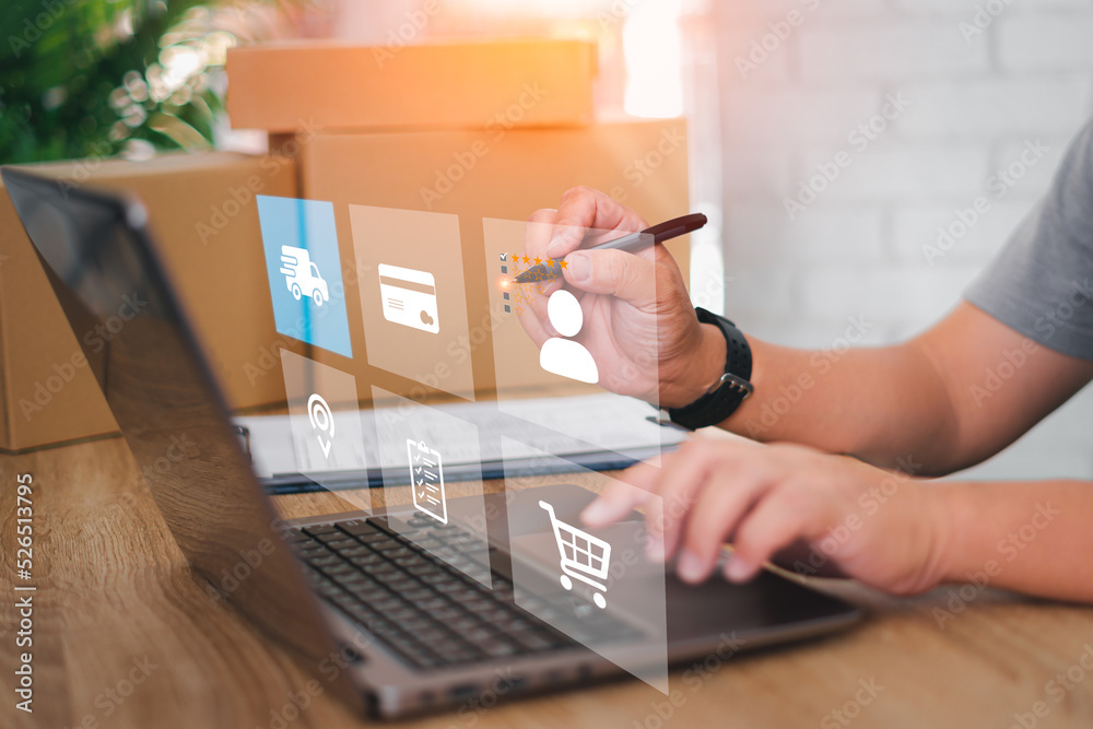 Delivery process on laptop virtual screen concept : Close up hand a man ...