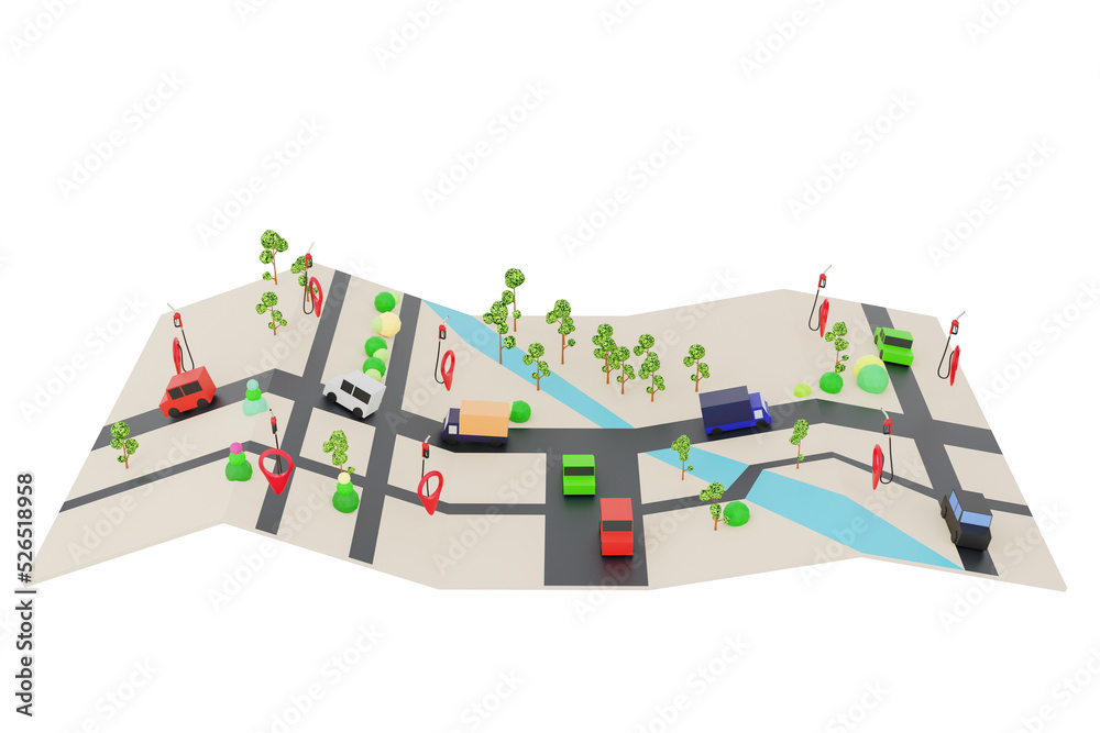 3d illustration refueling point Gas stations and travel maps Signs and ...