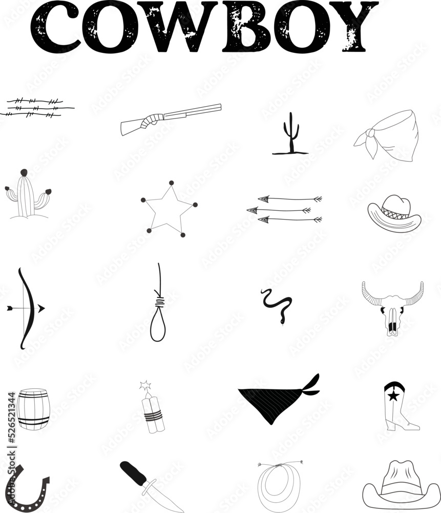 Wild west symbols cartoon set with cowboy. cowboy object. Collection of ...