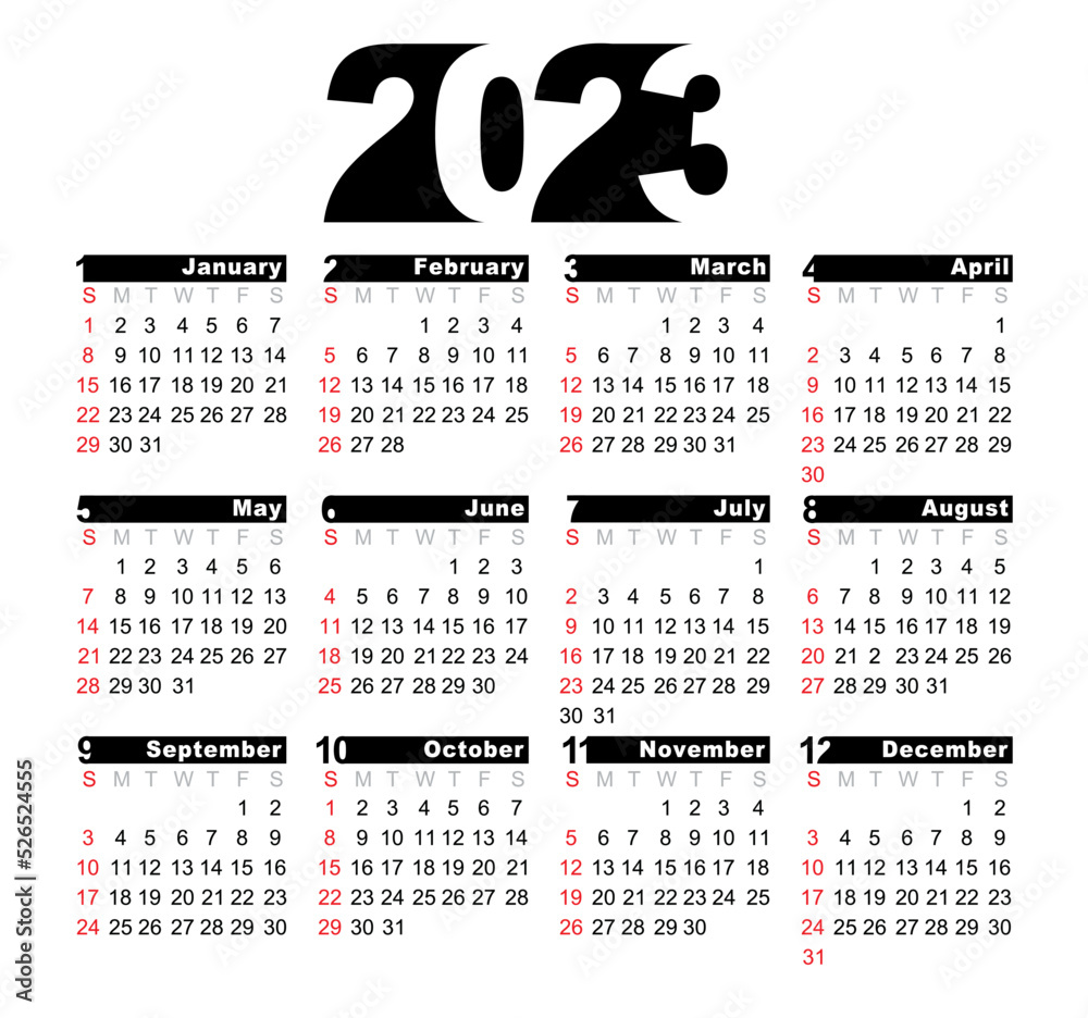 2023 Calendar year vector illustration. The week starts on Sunday ...