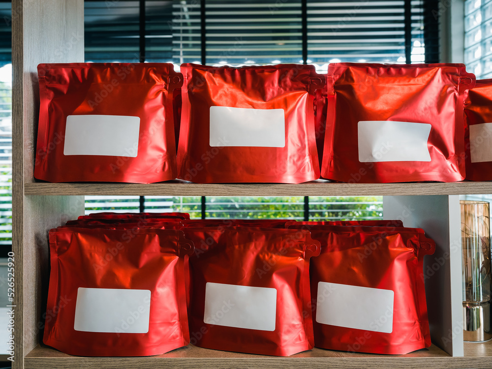 Empty blank white label of modern red coffee bag packaging. Mockup ...