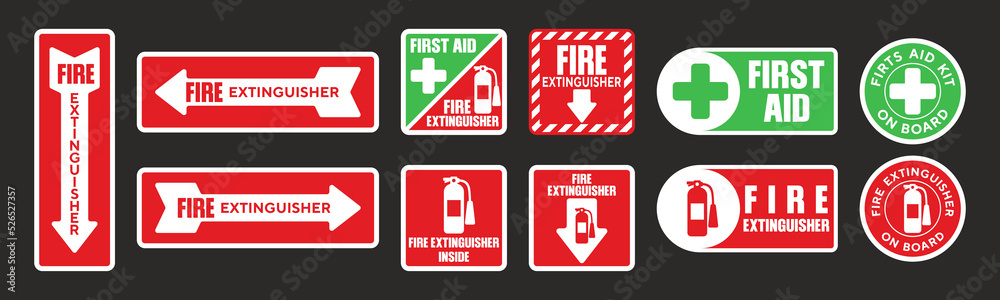 Fire extinguisher first aid vector sticker set. Various fire ...