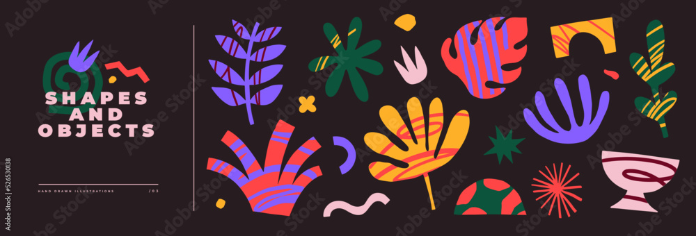 Collection of abstract graphic forms on a dark background. Minimalist ...