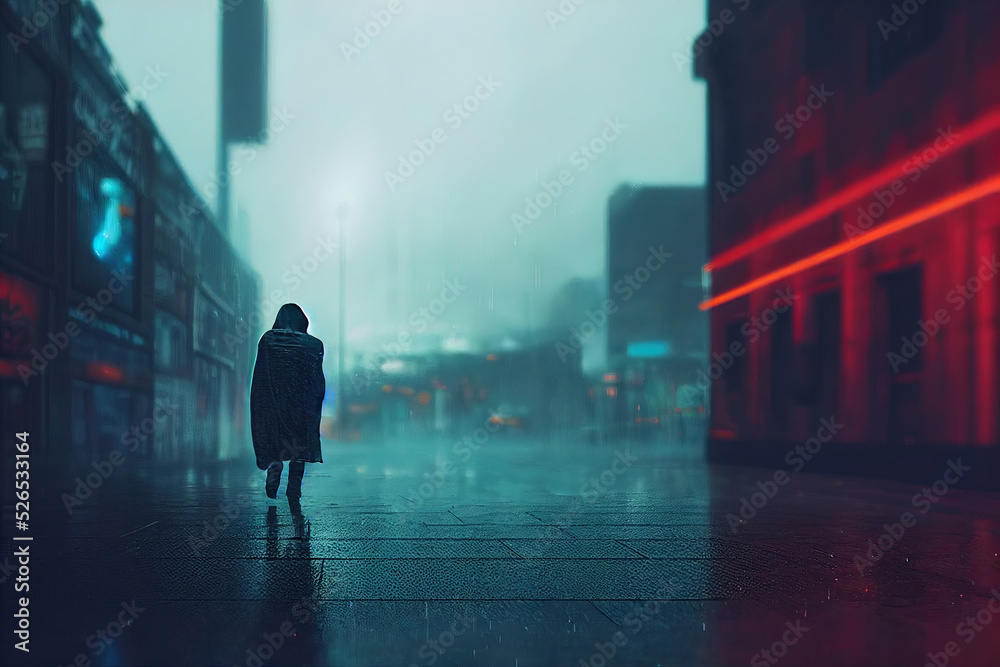 Hooded man walking in futuristic city. Rainy cityscape. Cyberpunk, neon ...