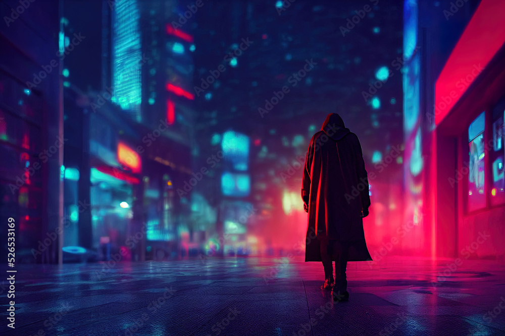 Hooded man walking in futuristic city. Rainy cityscape. Cyberpunk, neon ...