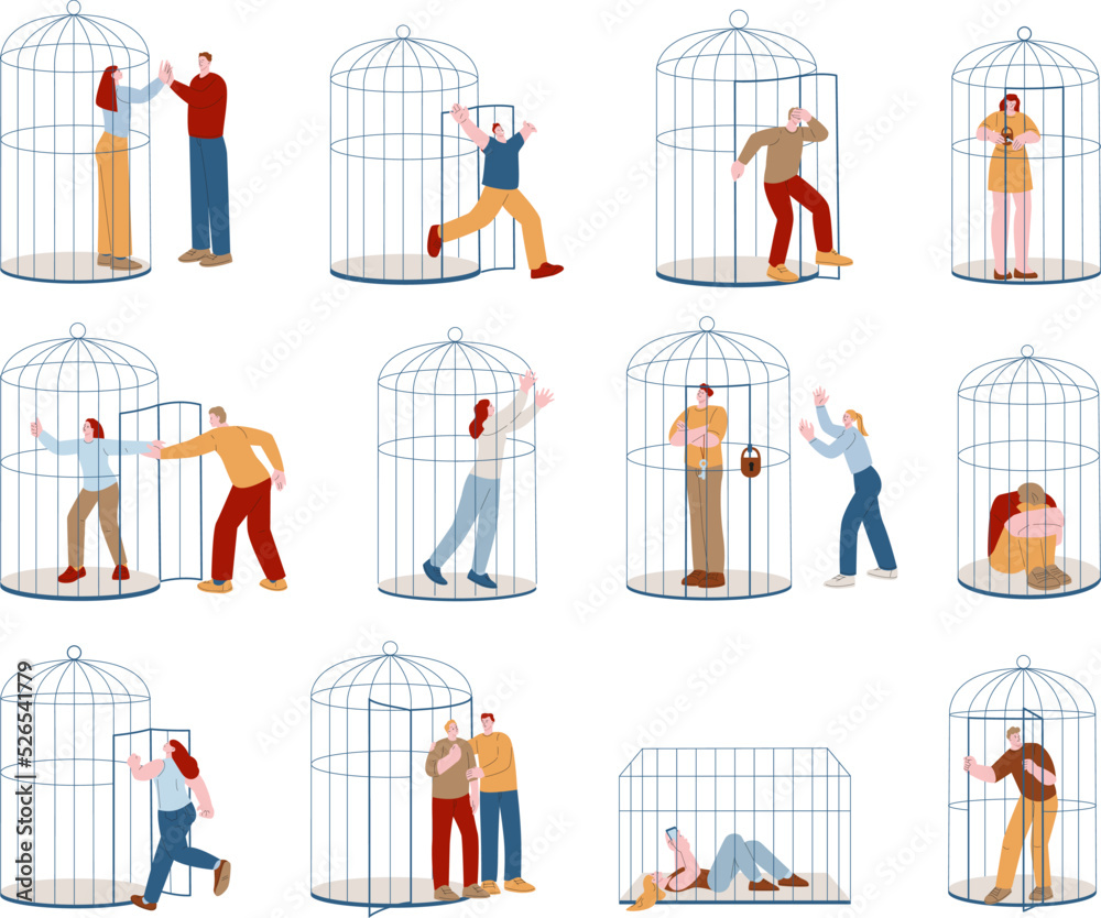 People in cages. Cage limit woman life, personal independence and ...