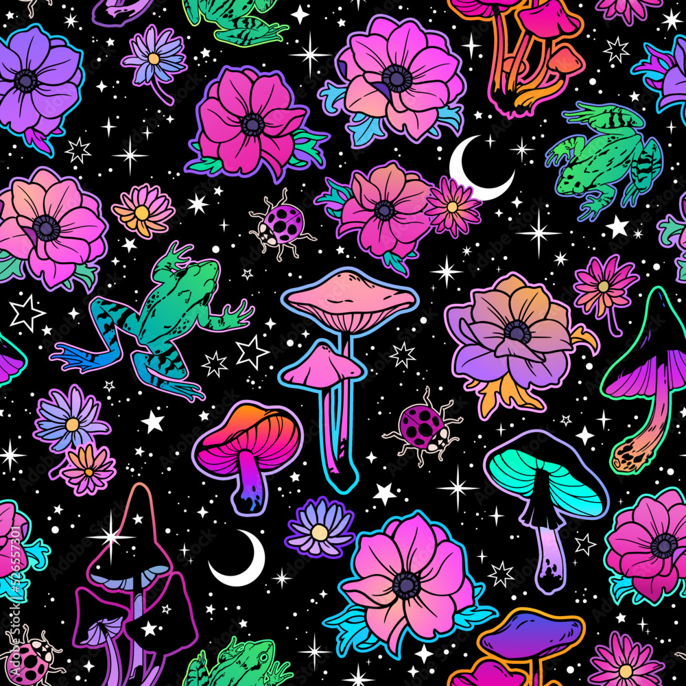 beautiful magical pattern of flowers, mushrooms and frogs Stock Vector ...