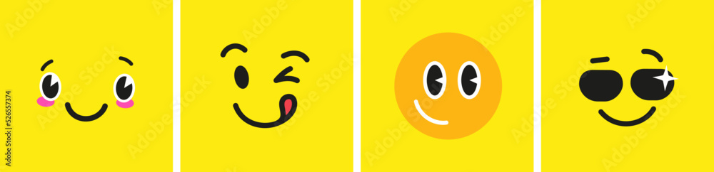 Cute cartoon faces on yellow cards. Yummy face, smile with sunglasses ...