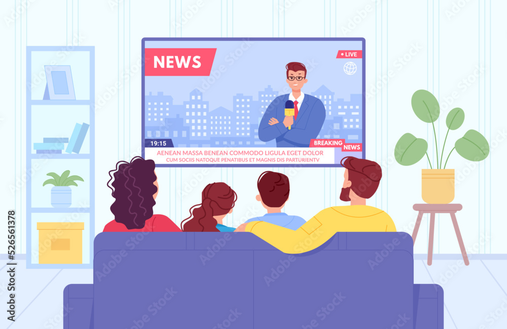 Family watching news. Couple father mother children watch tv show ...