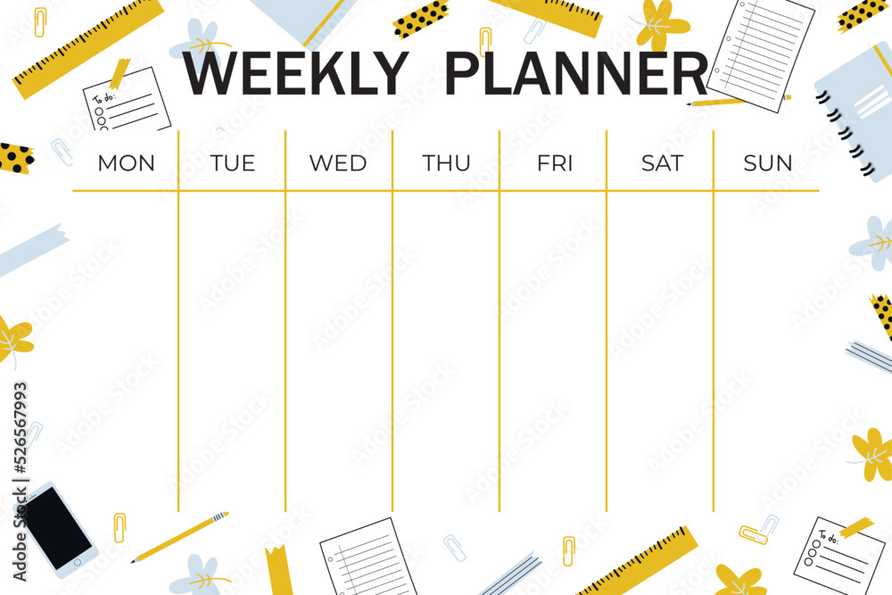 Weekly planner template. Organizer and schedule with place for Notes ...