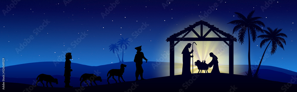 Christmas Nativity Scene black silhouette on blue background Stock ...