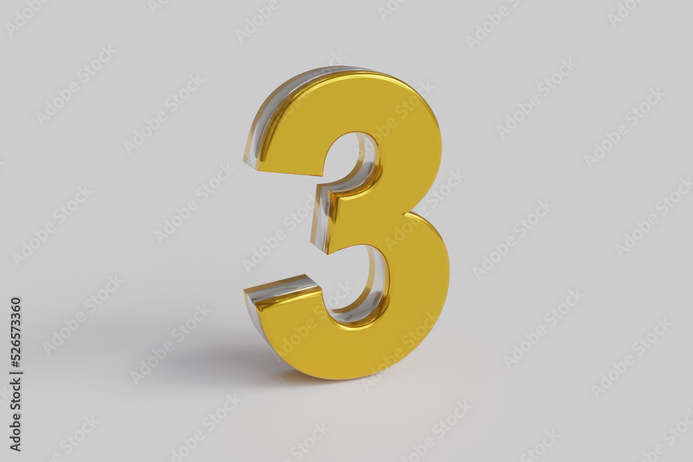 Letter number Three 3D render gold font with silver outline isolated ...