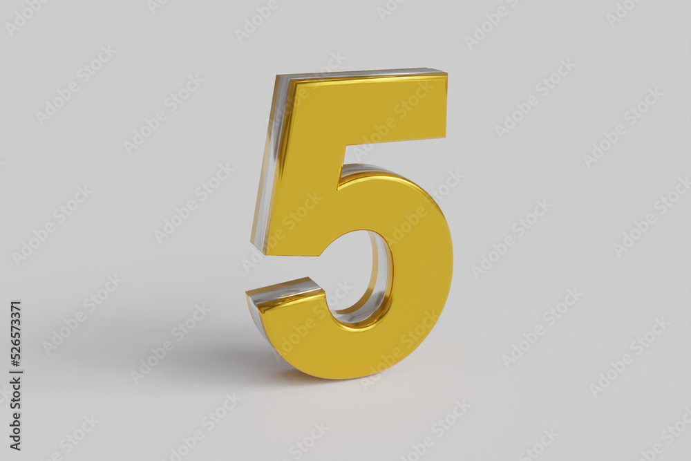 Letter number Five 3D render gold font with silver outline isolated ...